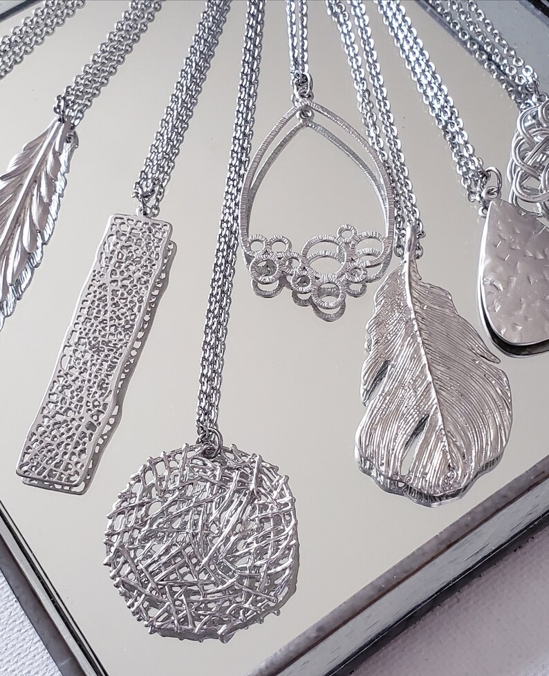 Silver long necklace Long silver chain necklace Vertical bar | Etsy