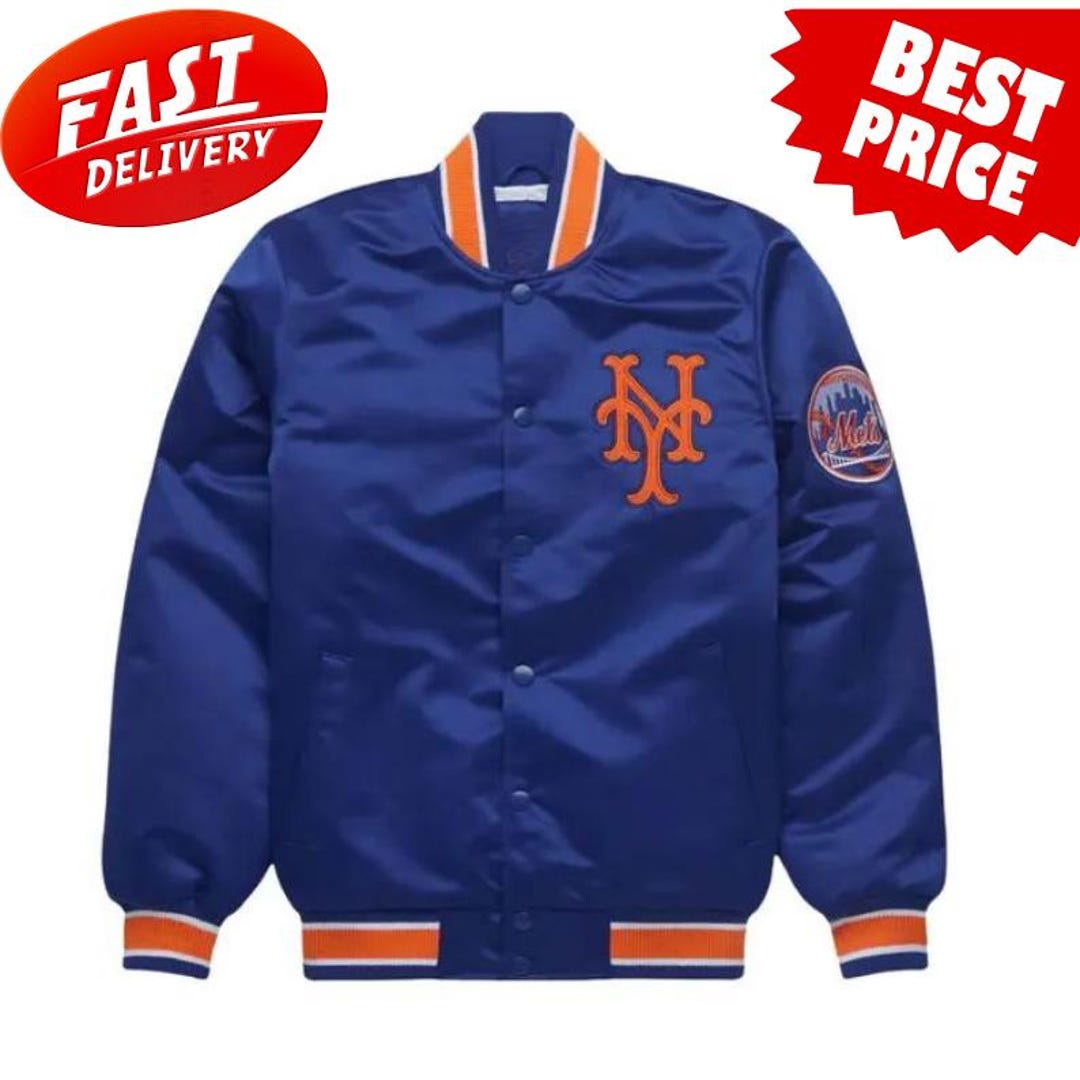 New York Mets MLB Satin Varsity Bomber Jacket With Embroidery Logos ...