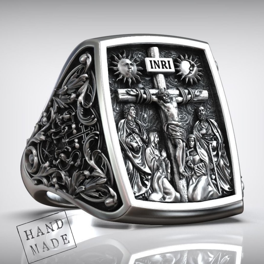 Jesus Crucifix Ring With Mary and Saints, Handmade Christian Signet ...