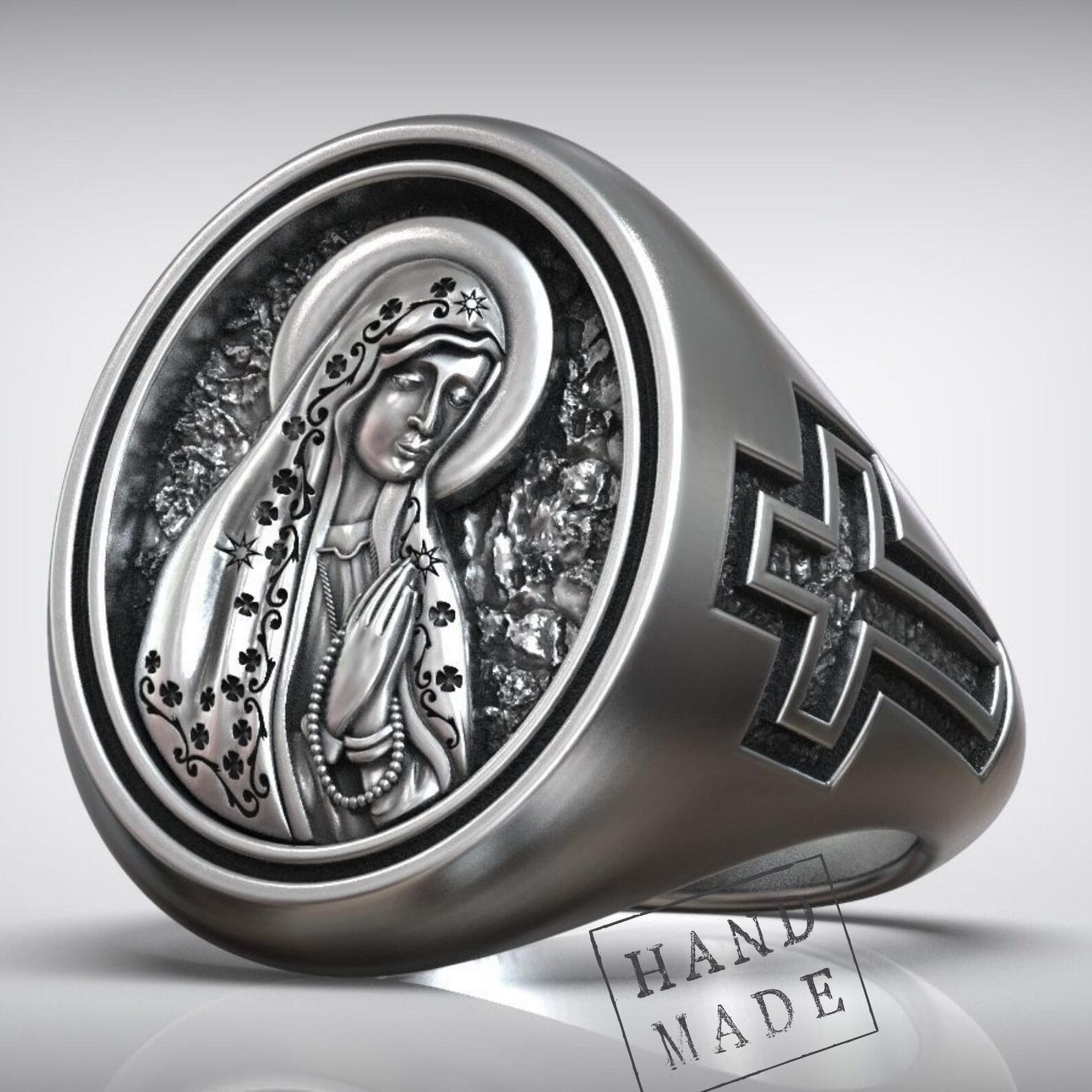 Virgin Mary Signet Ring, Handmade Silver Gold Inlay Religious Ring ...
