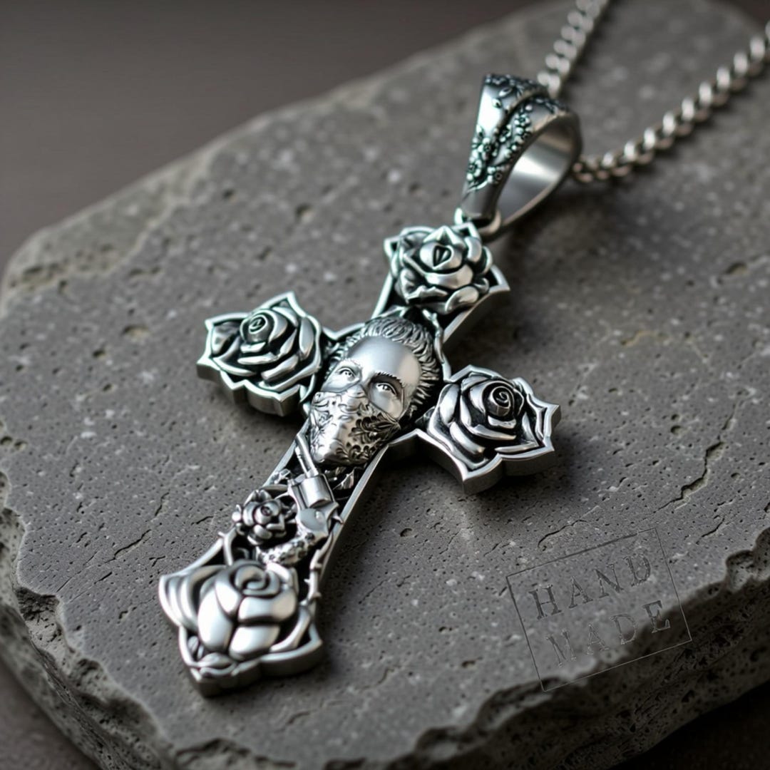 Chicano Skull Cross Pendant: Rose Tattoo Design in Sterling Silver - Etsy
