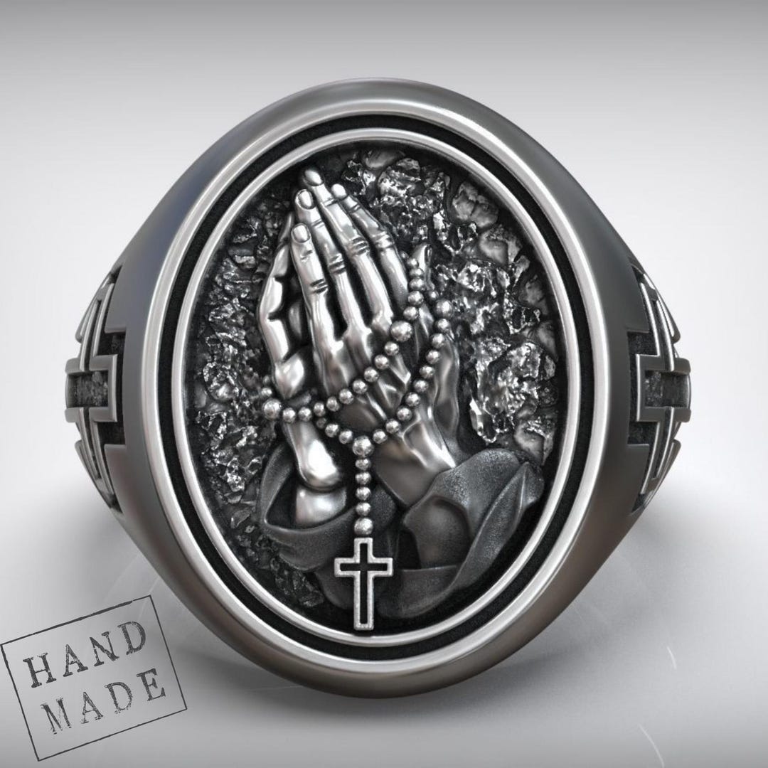 Praying Hands Rosary Ring, Christian Catholic Signet Ring for Men ...