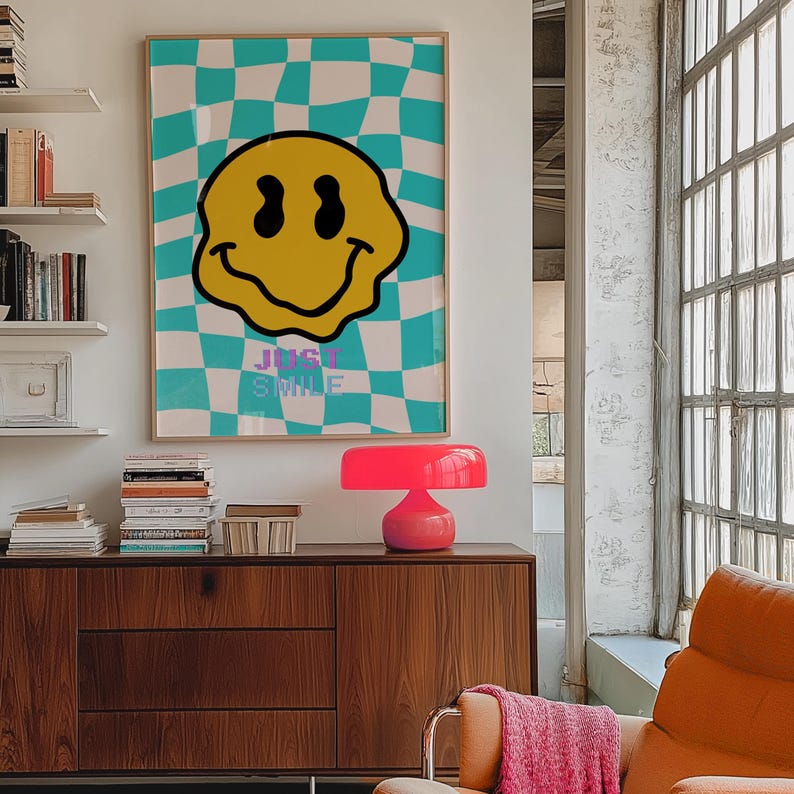 Wavy Smiley Face Wall Art Retro Digital Print Trippy Aesthetic Poster ...