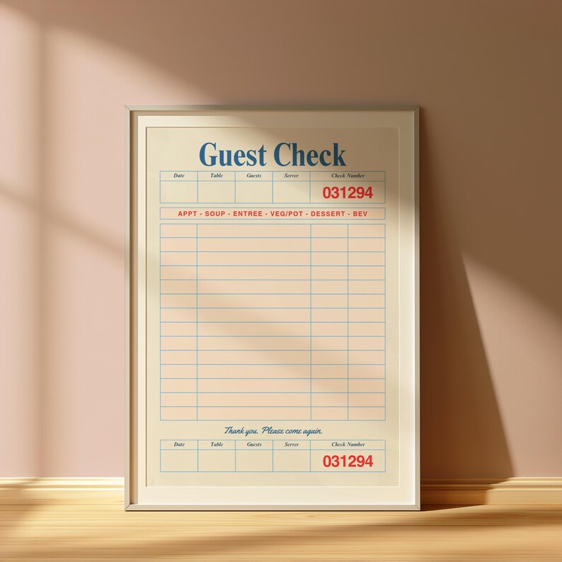 Retro Diner Guest Check Printable: Kitchen Art, Journal Notepad ...