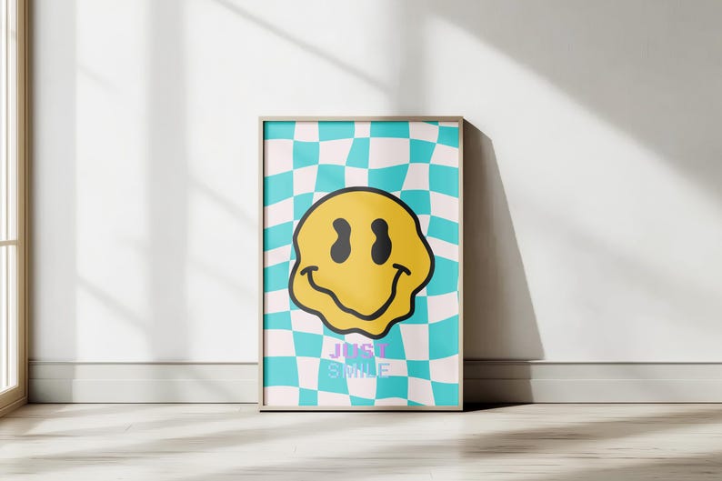 Wavy Smiley Face Wall Art Retro Digital Print Trippy Aesthetic Poster ...