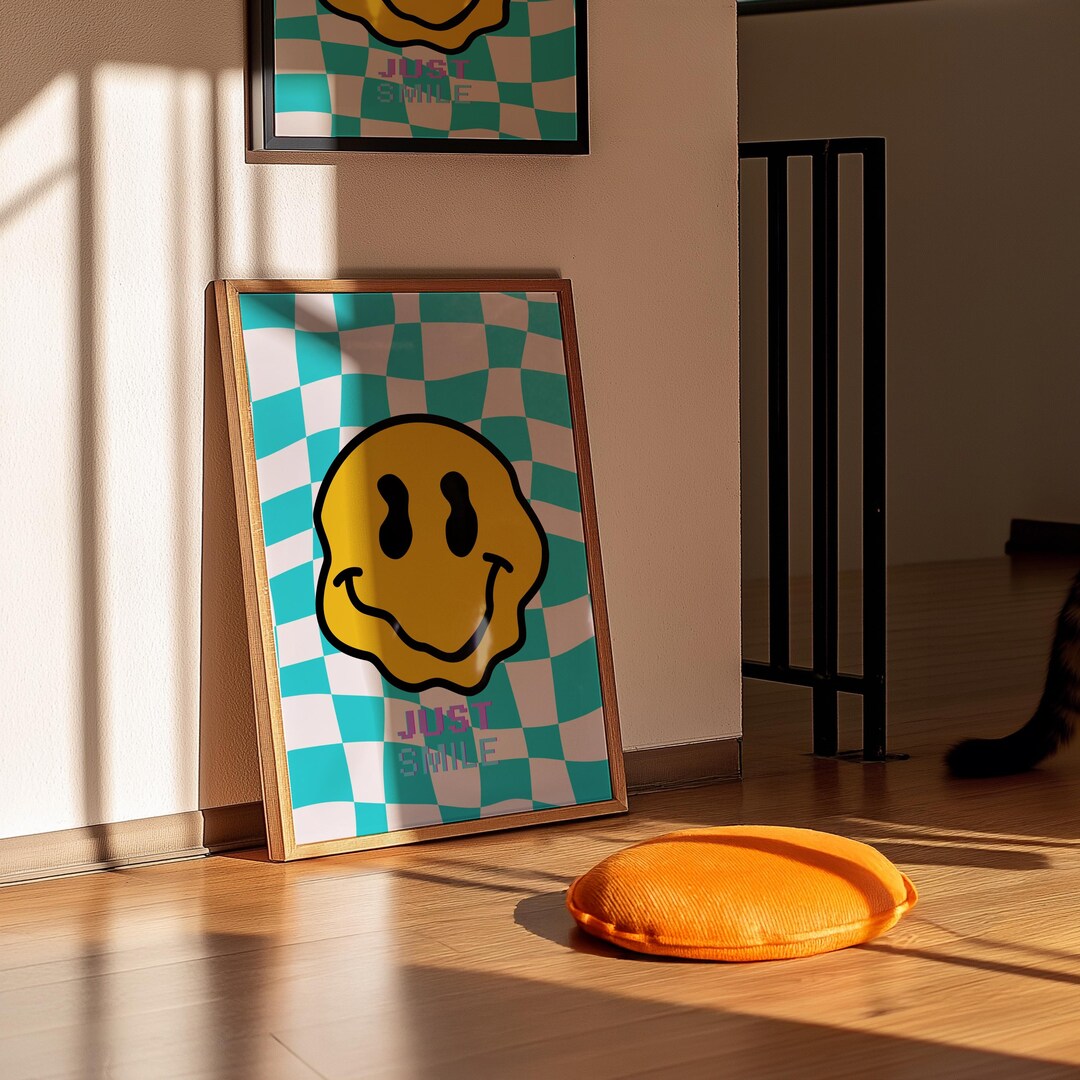 Wavy Smiley Face Wall Art Retro Digital Print Trippy Aesthetic Poster ...