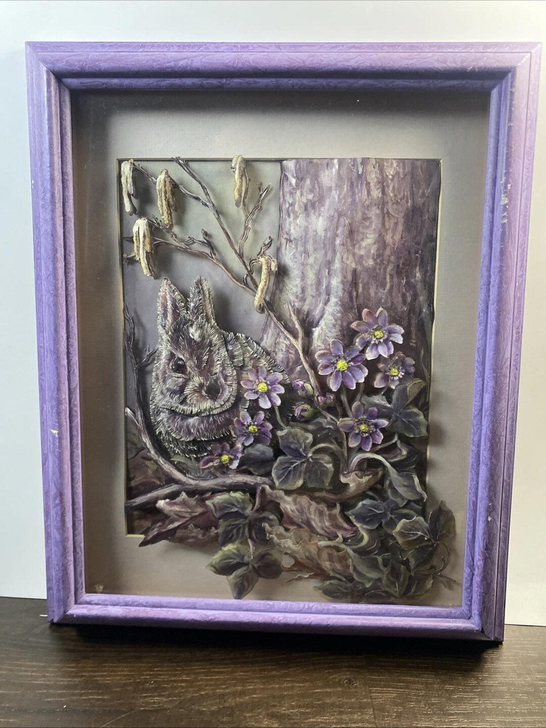 Vintage Framed Paper Flowers 3D Purple Rabbit Floral 16.5 Shadow Box ...