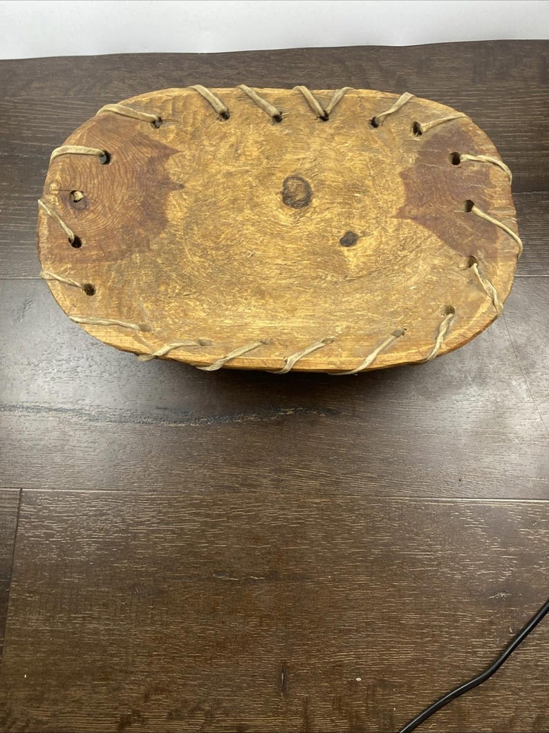 Vintage Carved Wooden Dough Bowl Wood Trencher W/ Rawhide Edging - 13.5 ...
