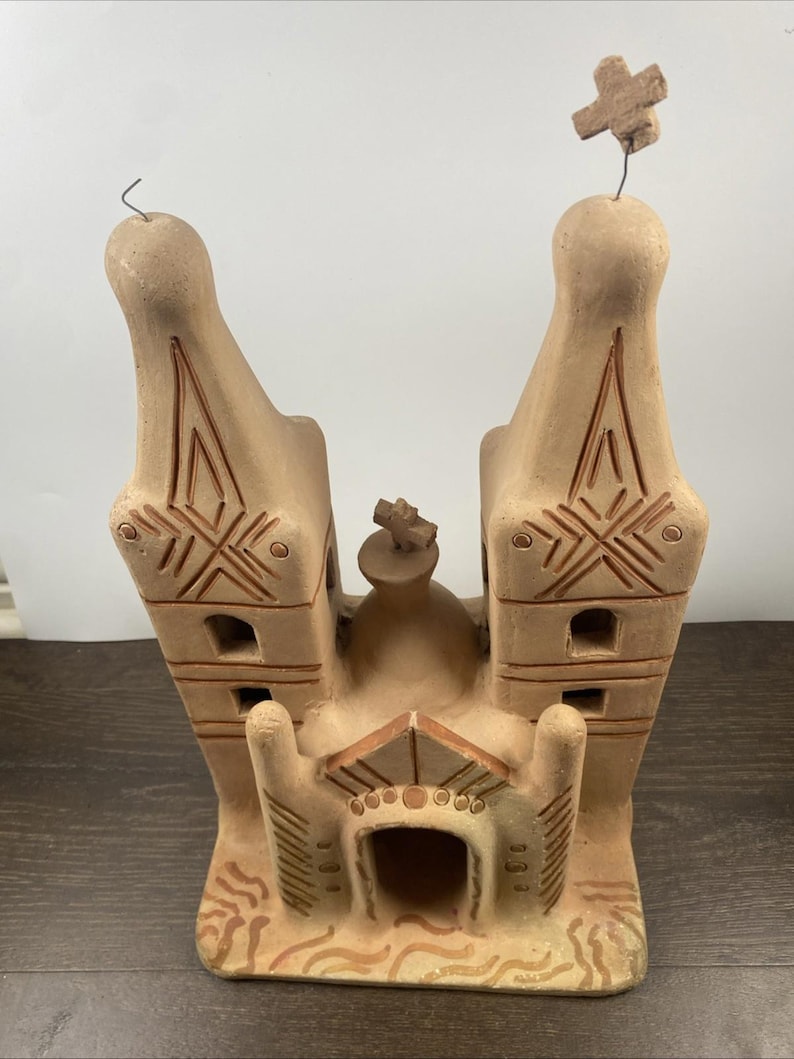 Mexican Folk Art Terra Cotta Pottery Vintage Clay Mission Church Large ...
