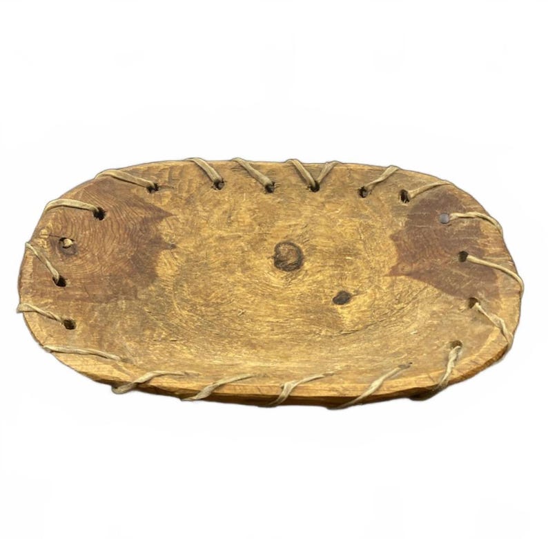 Vintage Carved Wooden Dough Bowl Wood Trencher W/ Rawhide Edging - 13.5 ...