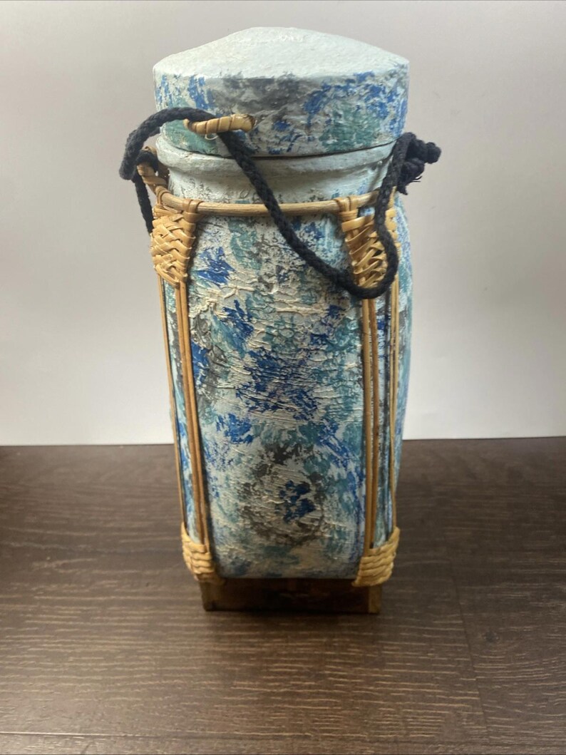 Large Thai Rice Box Woven Rattan, Hand-painted Wood Base Wicker 11 ...