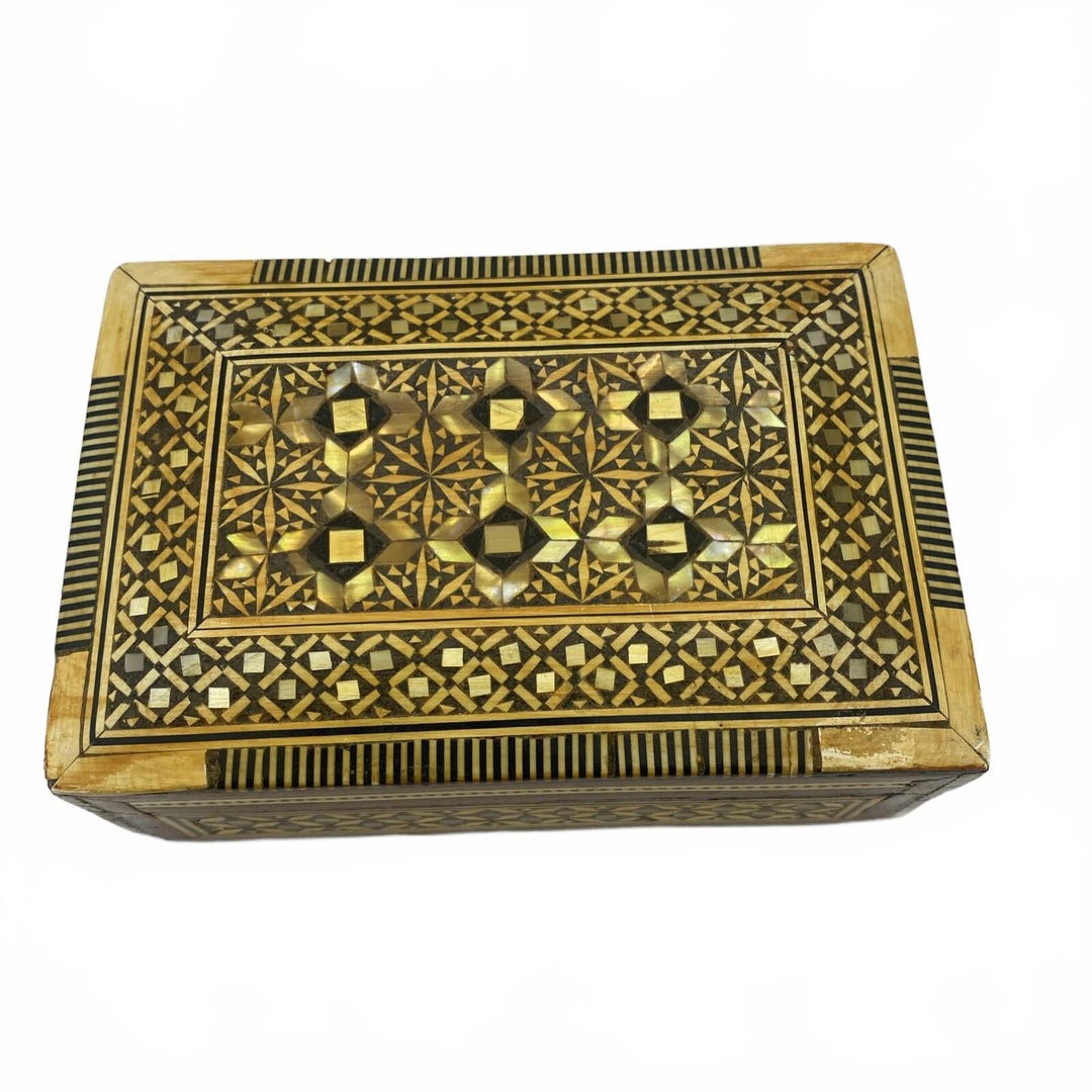 VTG Middle Eastern Wood Mother of Pearl Inlaid Marquetry Art Mosaic ...