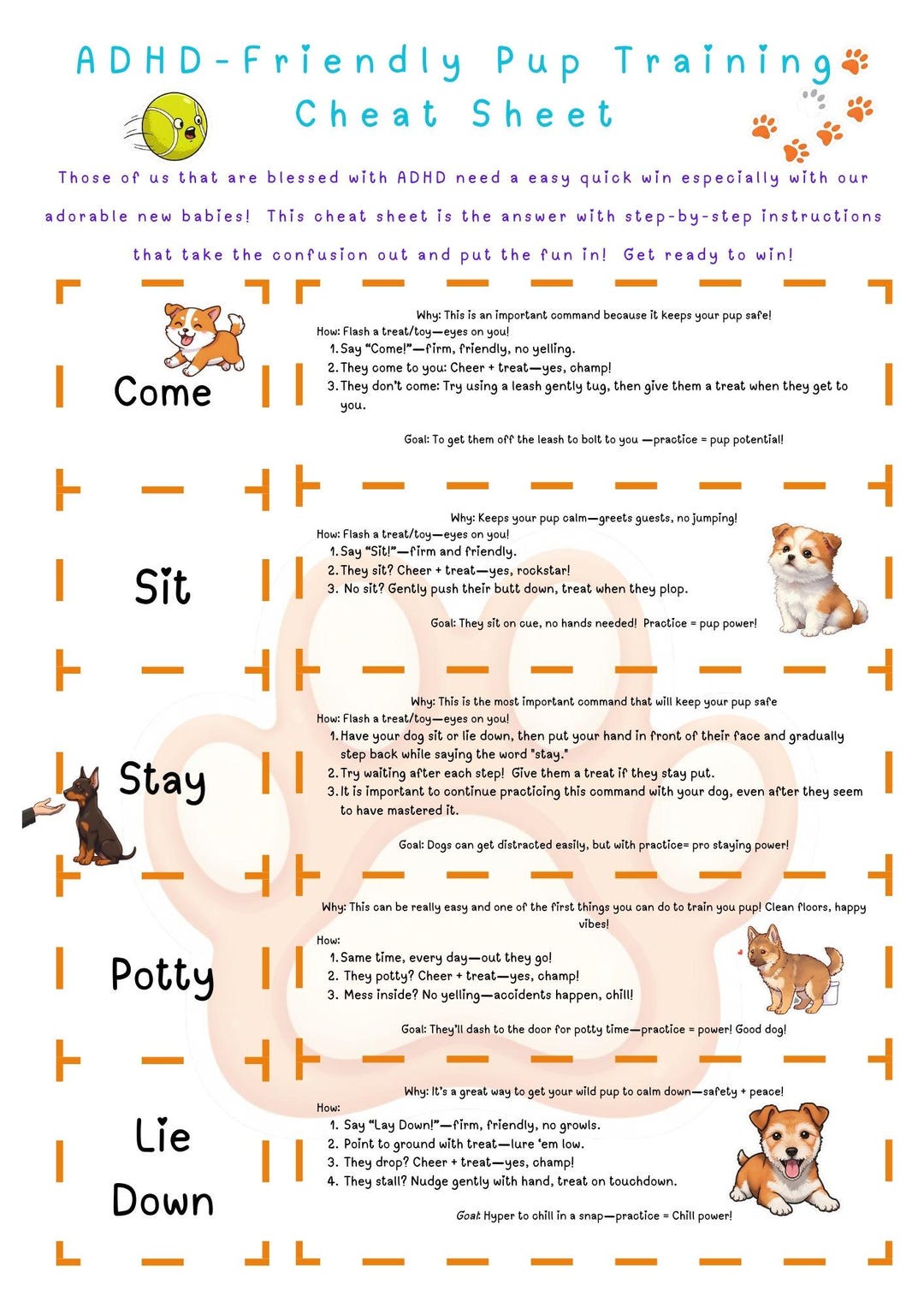 Adhd-friendly Pup Training Cheat Sheet - Etsy
