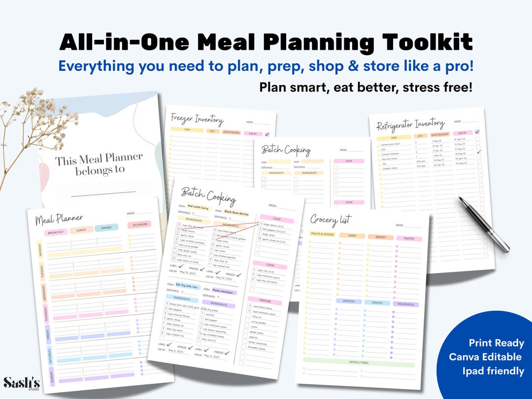 Weekly Meal Planner Printable Bundle | Grocery List, Batch Cooking Kit ...
