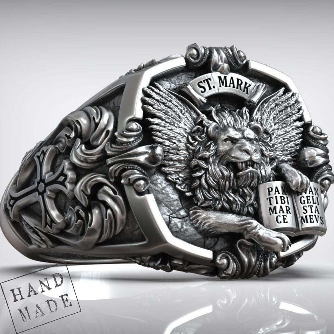Christian Signet Ring, Winged Lion of St. Mark (silver Tone, Handmade ...