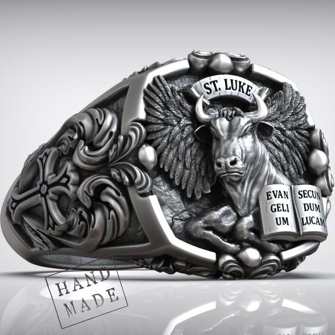 Saint Luke Signet Ring: Oxidized Silver Religious Jewelry, Winged Ox - Etsy