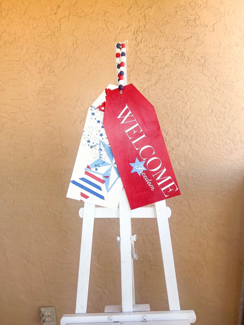 Red White and Blue, Patriotic Door Tag, 4th of July Decor, Red With and ...
