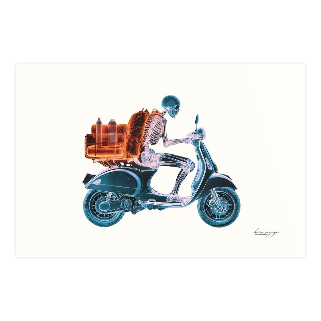 Bone Voyage: Skeleton Vespa X-ray Poster, Retro Beach Travel Wall Art ...