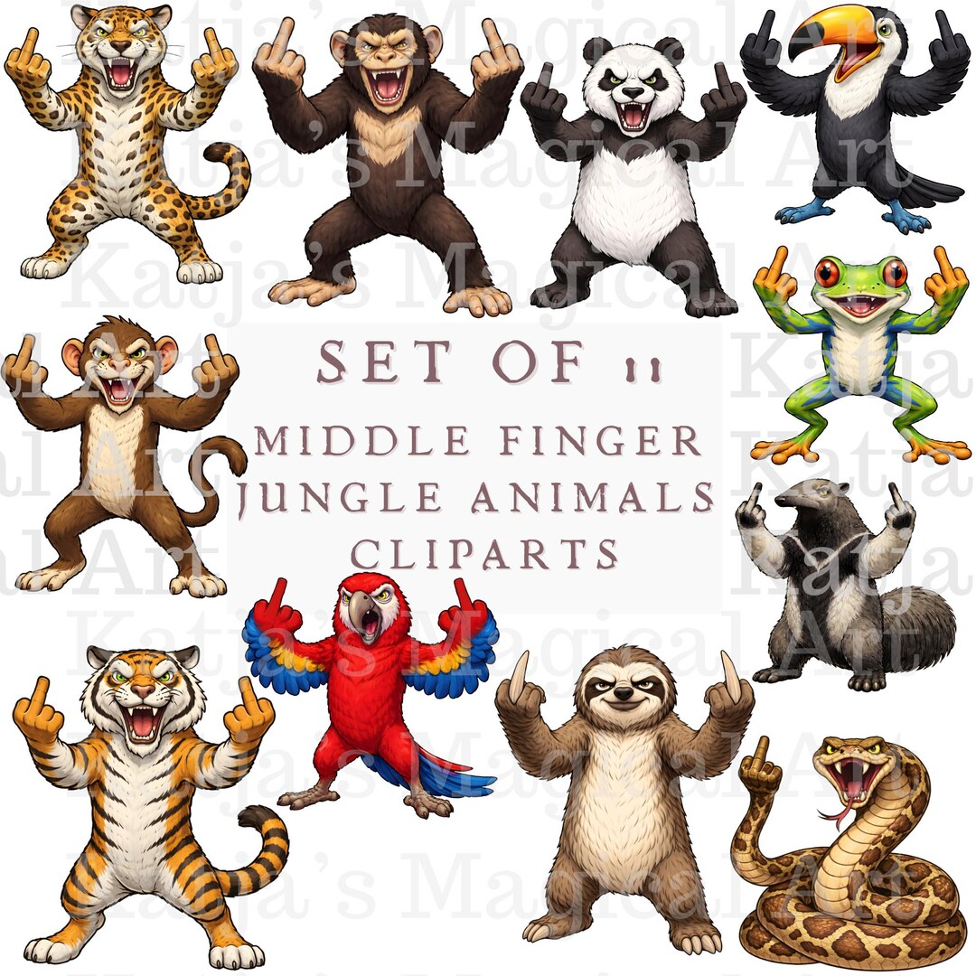 Middle Finger Jungle Animals Clipart PNG Bundle - Set of 11 Offensive ...