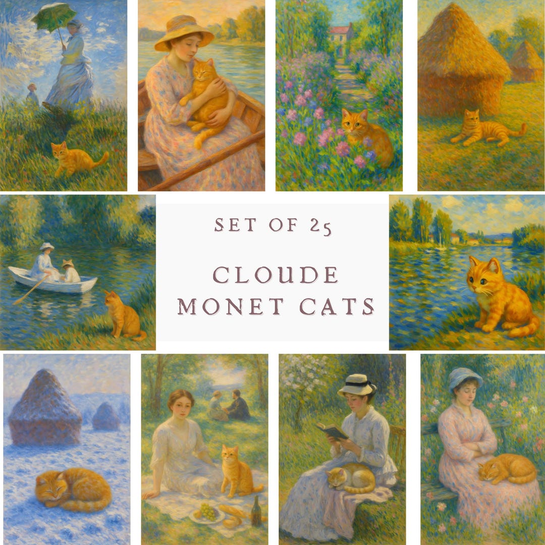 25 Claude Monet Cats, Monet Waterlily Cat Print, Monet Clipart, Funny ...