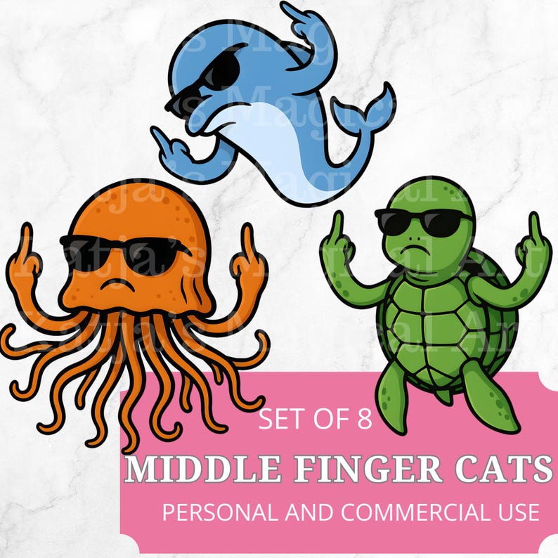 Funny Middle Finger Sea Animals Clipart Bundle: Sarcastic Ocean Pngs ...