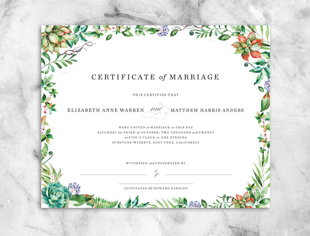 PRINTED | Custom Marriage Certificate, Wedding Certificate, Succulent ...