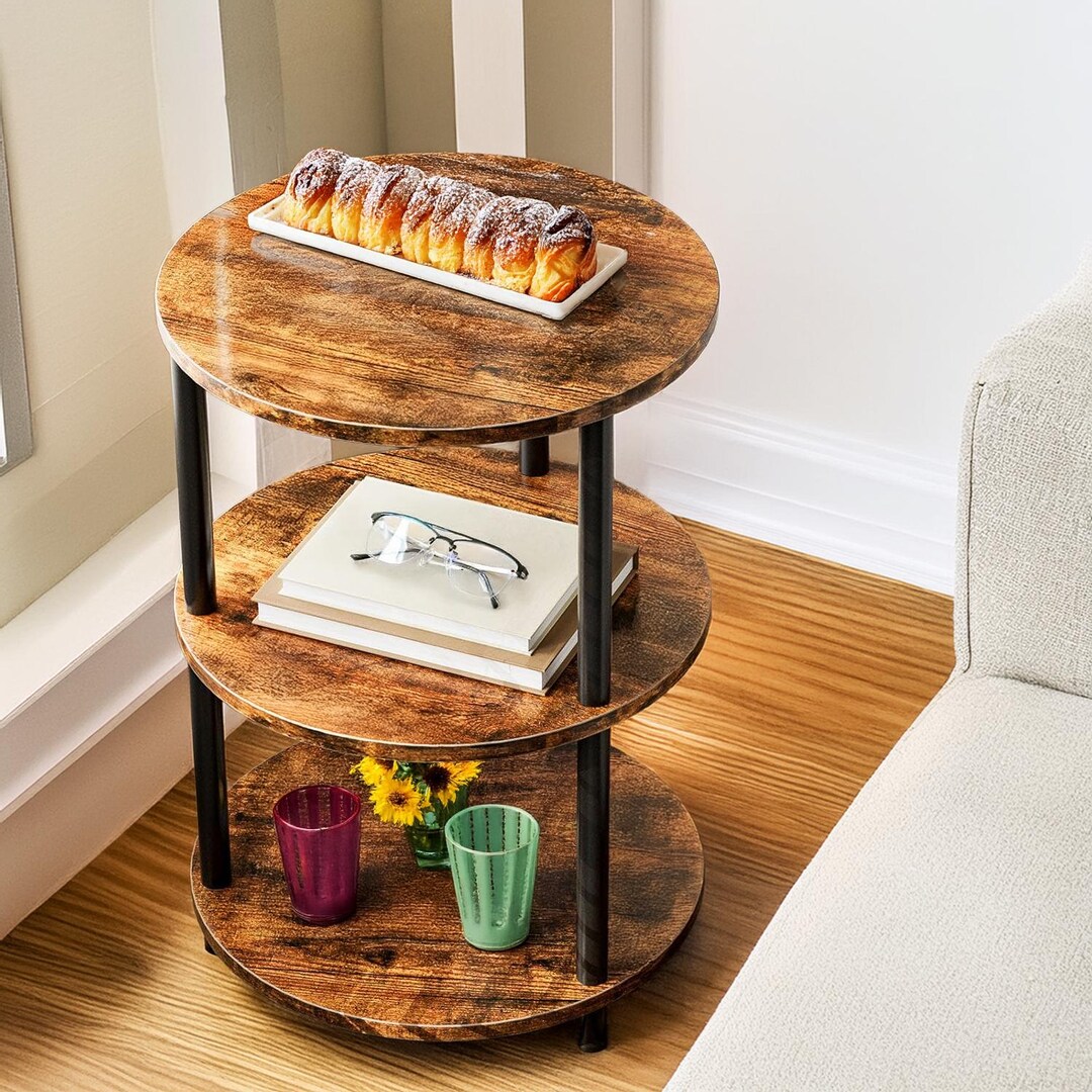 Rustic Round End Table, 3 Tier Industrial Nightstand, Narrow Bedside or ...