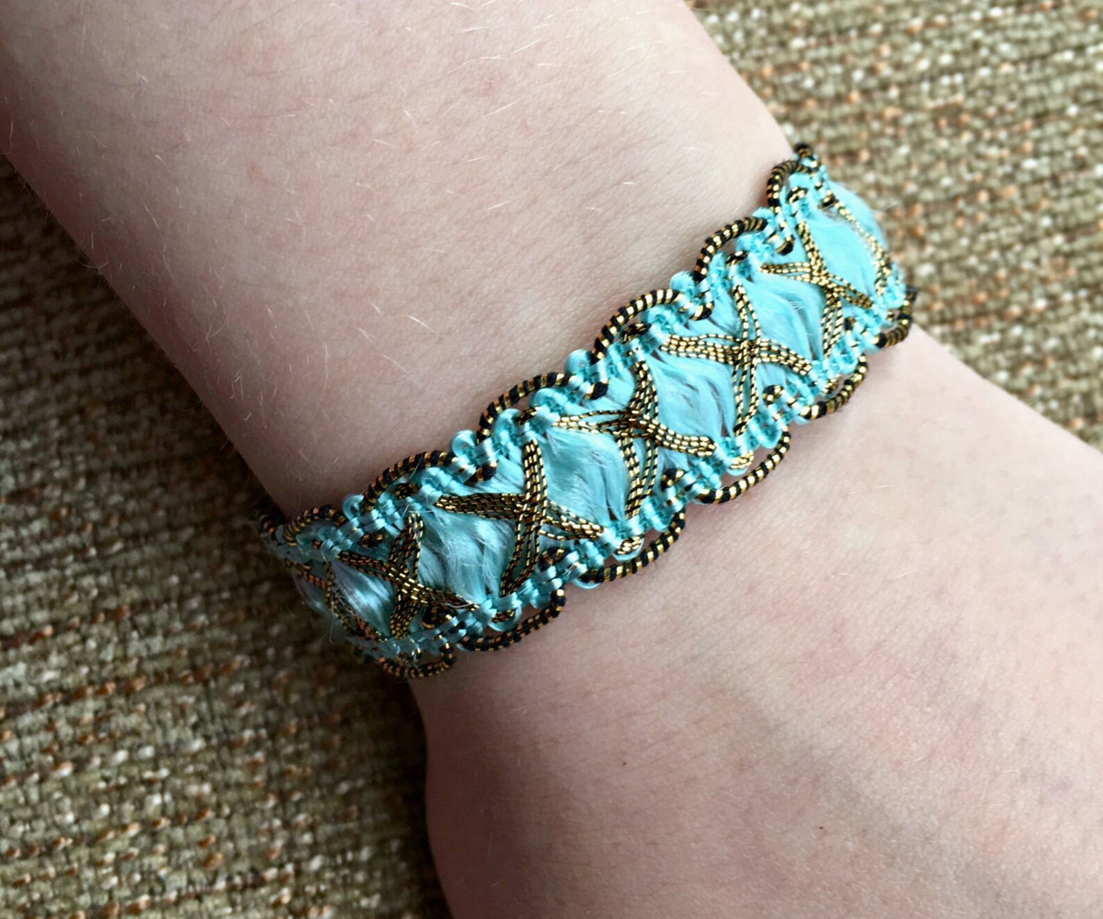 Blue Trim Bracelet - Sky Blue Ribbon Bracelet With Gold and Brass ...