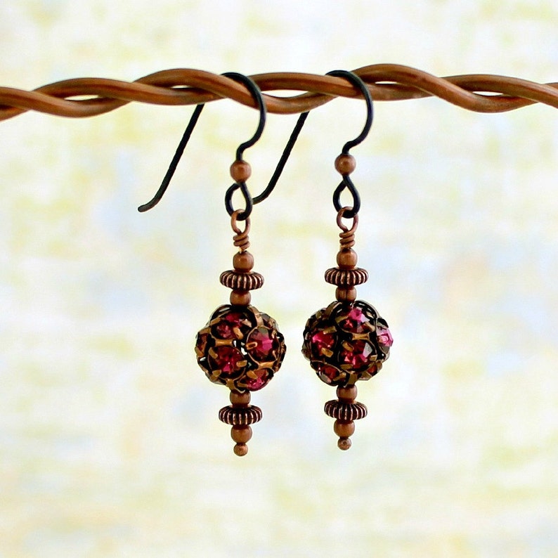 Copper and Fuchsia Rhinestone Earrings With Hypoallergenic Niobium Ear ...