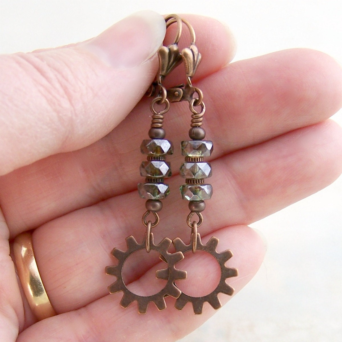 Steampunk Gear Earrings in Green - Copper Gears and Faceted Picasso ...