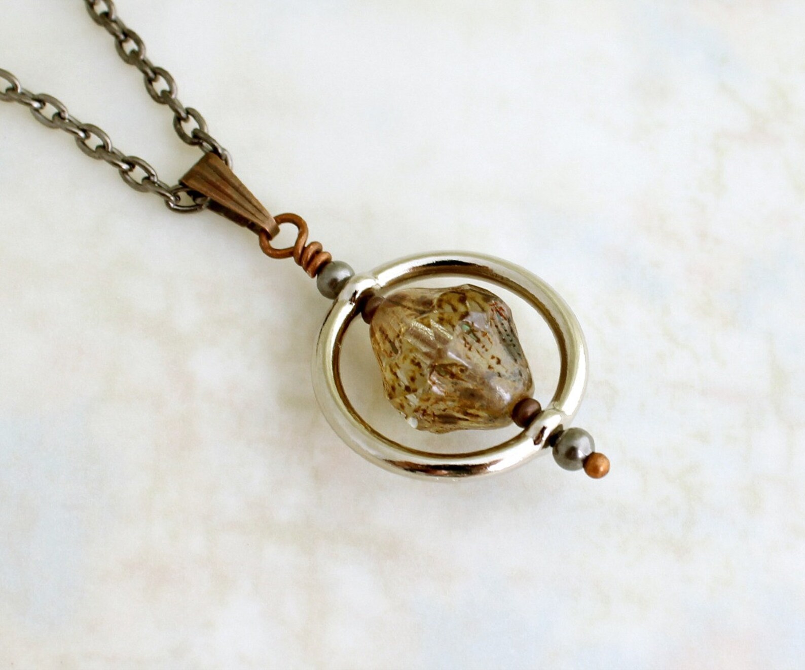 Saturn Ring Necklace With Turbine Czech Glass Bead Mixed Metal Jewelry ...