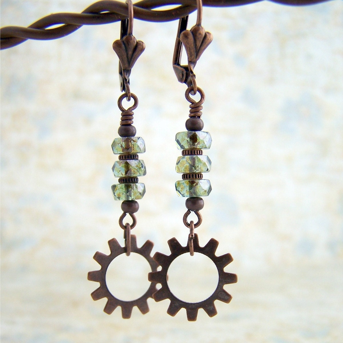 Steampunk Gear Earrings in Green - Copper Gears and Faceted Picasso ...