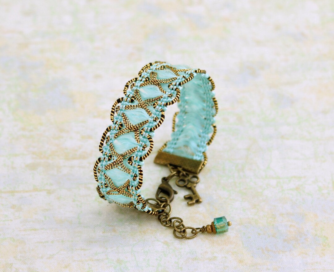 Blue Trim Bracelet - Sky Blue Ribbon Bracelet With Gold and Brass ...