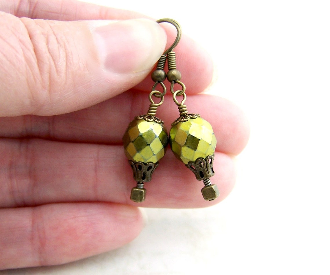 Bright Olive Green Hot Air Balloon Earrings Faceted Czech - Etsy