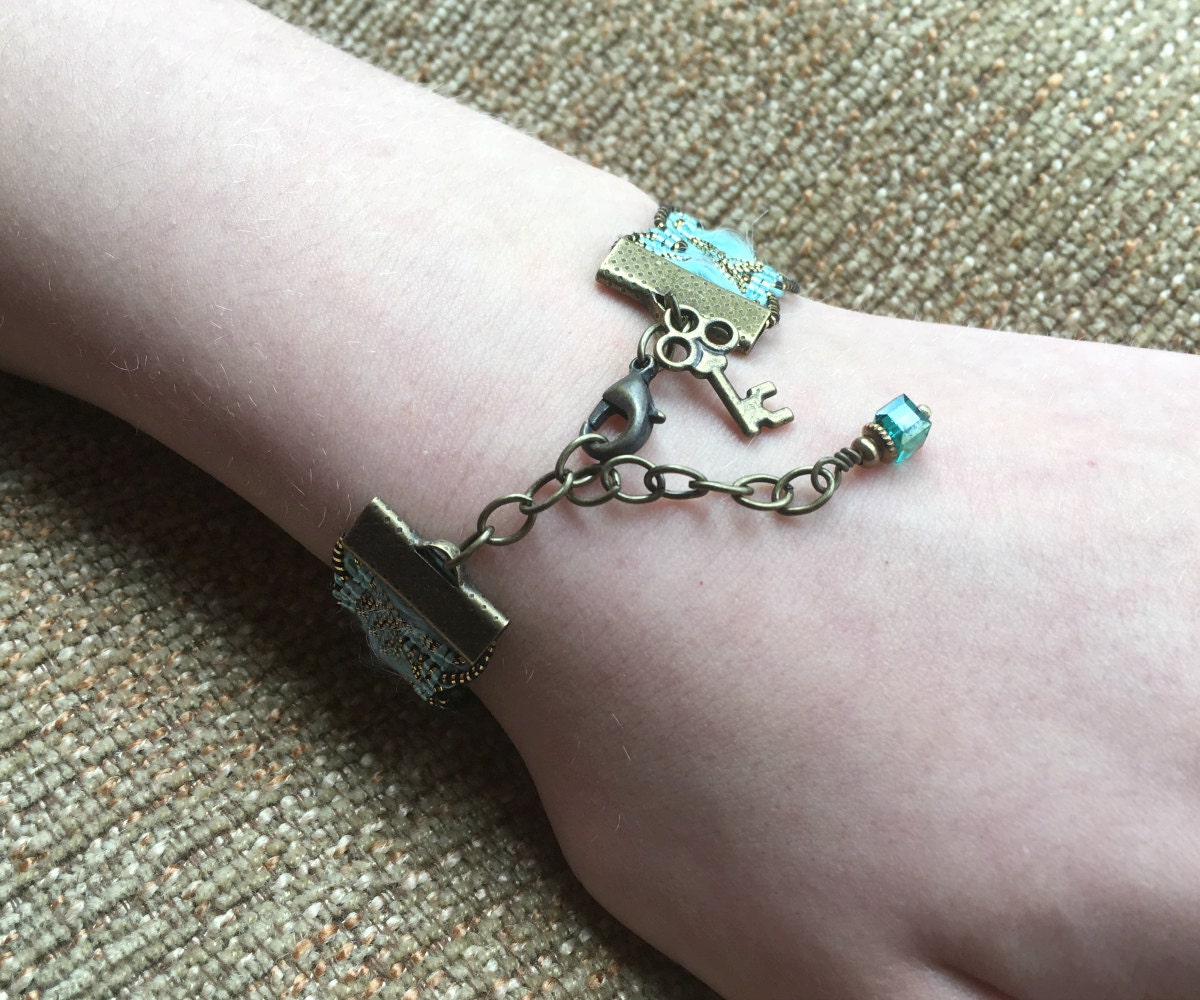 Blue Trim Bracelet - Sky Blue Ribbon Bracelet With Gold and Brass ...