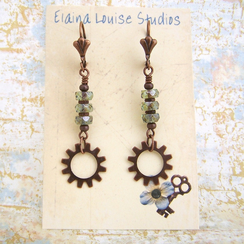 Steampunk Gear Earrings in Green - Copper Gears and Faceted Picasso ...