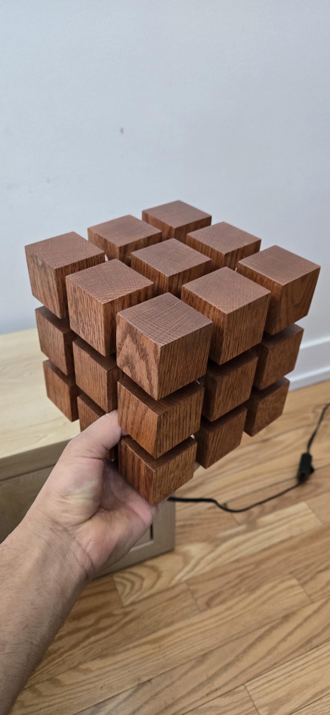 Handcrafted Wooden Cube Lamp With Copper Accent – Dimmable Warm Light ...