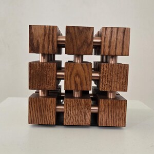 Handcrafted Wooden Cube Lamp With Copper Accent – Dimmable Warm Light ...