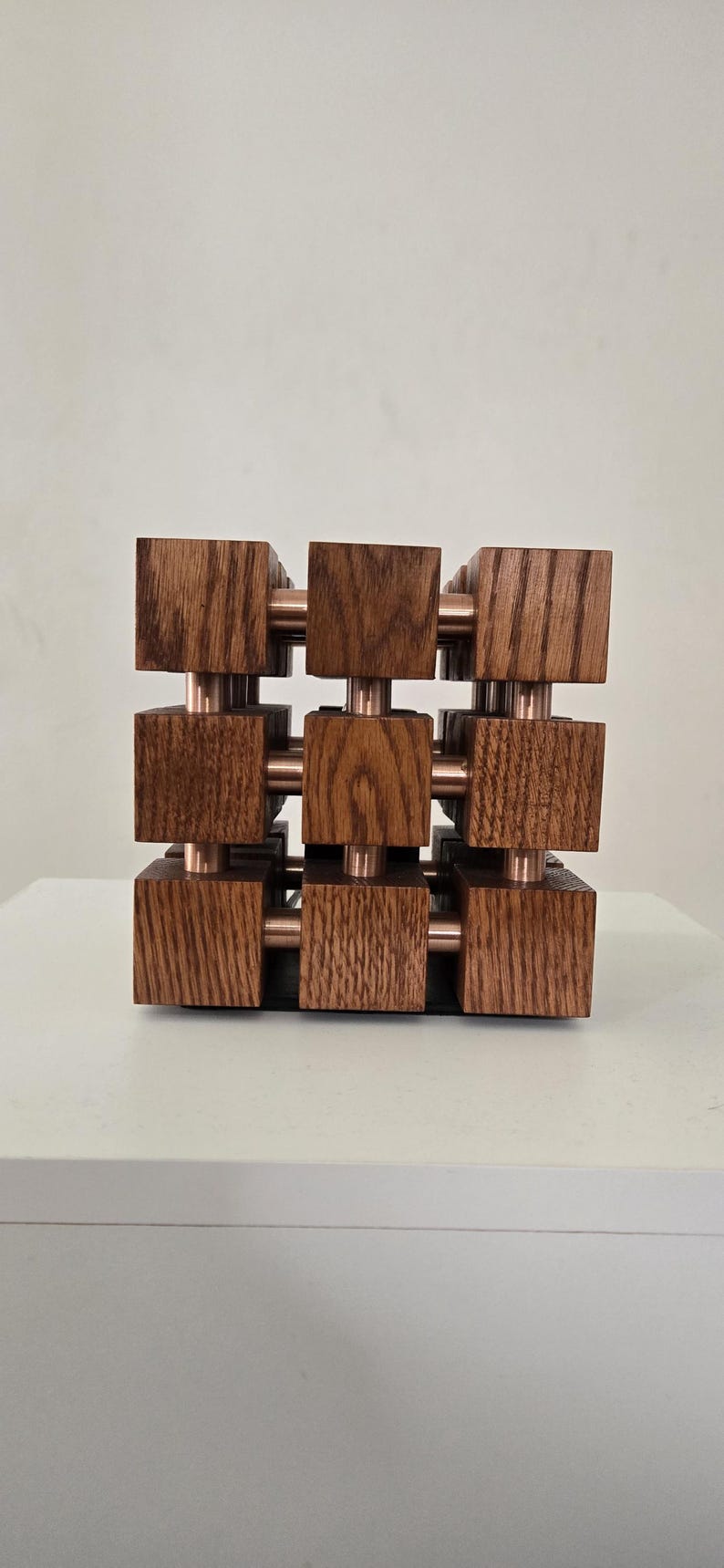 Handcrafted Wooden Cube Lamp With Copper Accent – Dimmable Warm Light ...
