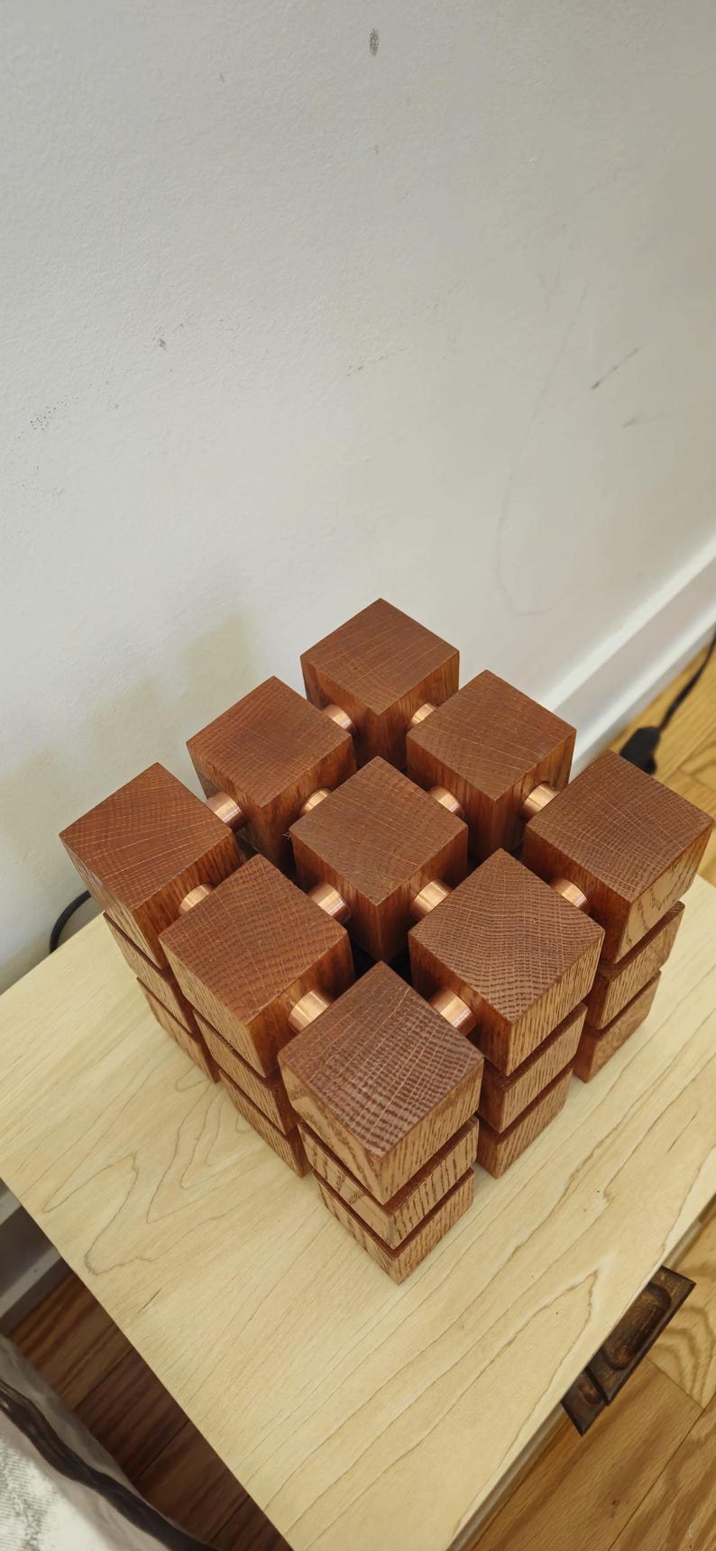 Handcrafted Wooden Cube Lamp With Copper Accent – Dimmable Warm Light ...