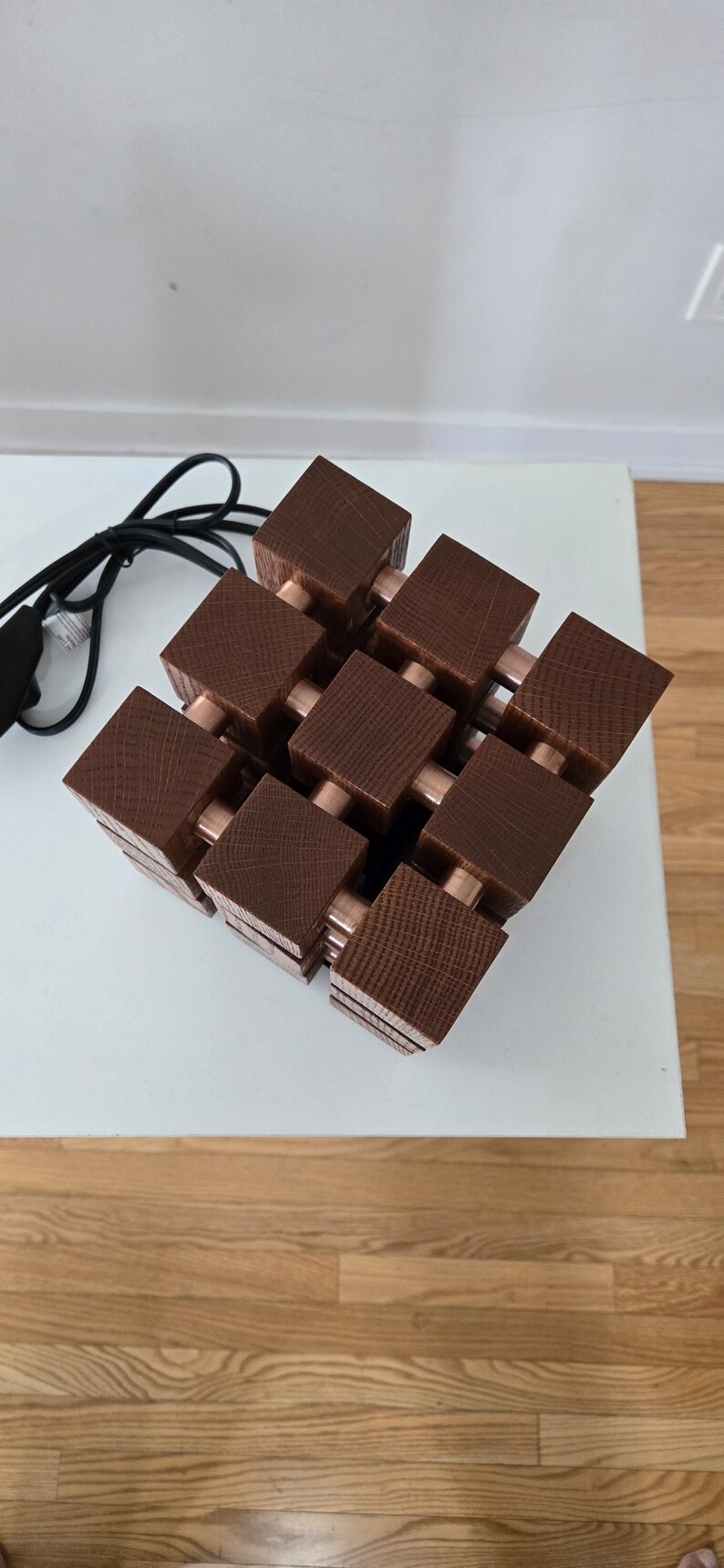 Handcrafted Wooden Cube Lamp With Copper Accent – Dimmable Warm Light ...
