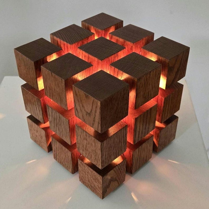 Handcrafted Wooden Cube Lamp With Copper Accent – Dimmable Warm Light ...