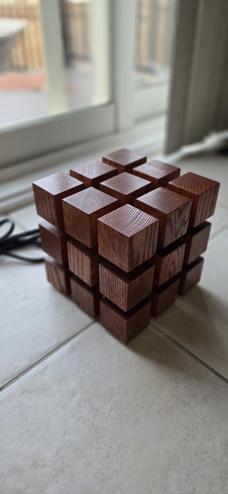 Handcrafted Wooden Cube Lamp With Copper Accent – Dimmable Warm Light ...