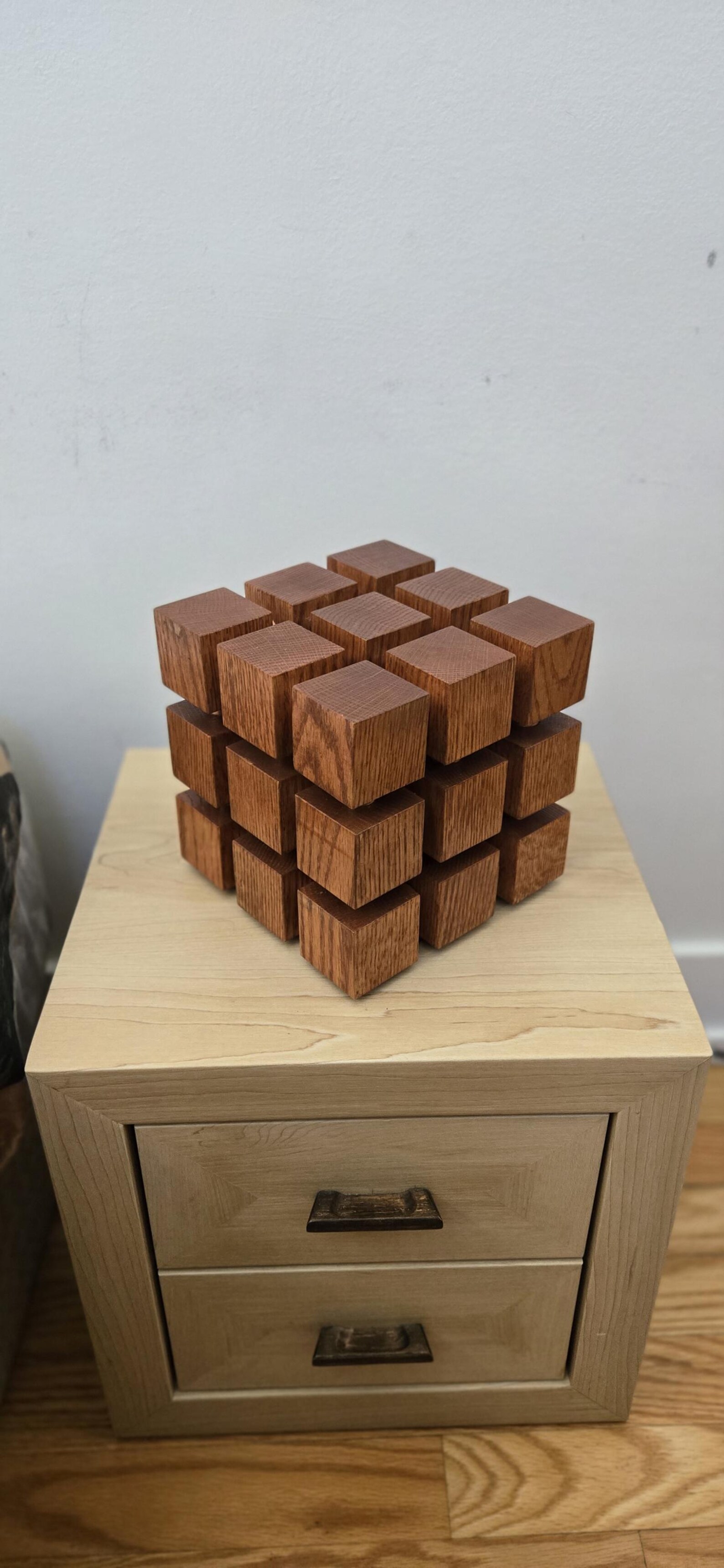 Handcrafted Wooden Cube Lamp With Copper Accent – Dimmable Warm Light ...