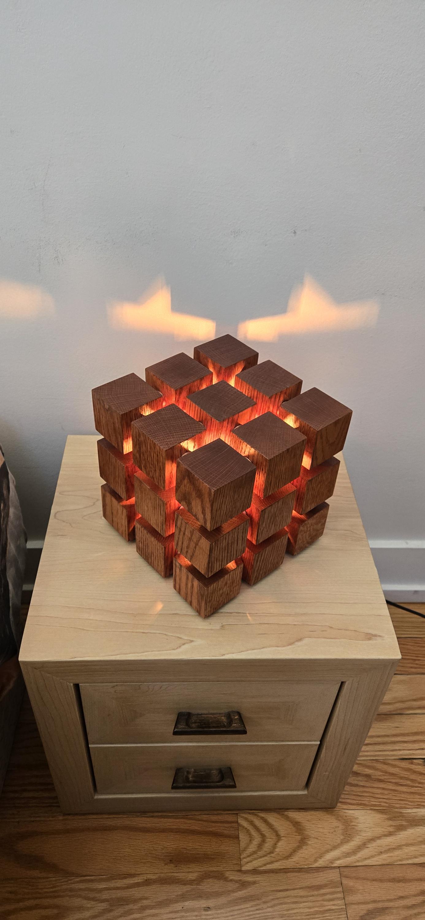 Handcrafted Wooden Cube Lamp With Copper Accent – Dimmable Warm Light ...