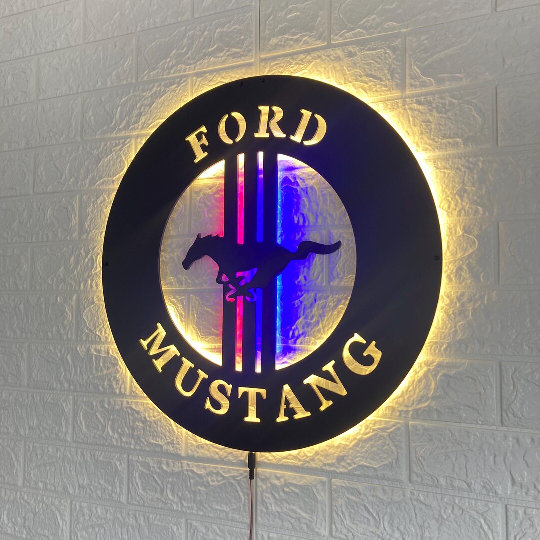 Mustang Round Logo LED Wall Sign With Backlight | Muscle Car Wall Art ...