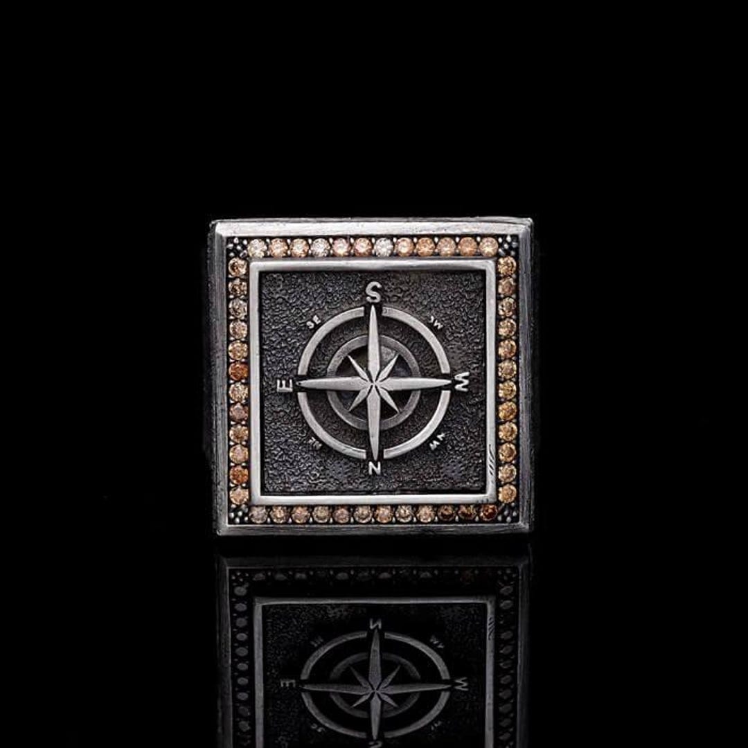 Men's Square Compass Ring | Sterling Silver | Zircon Accents | Matte ...