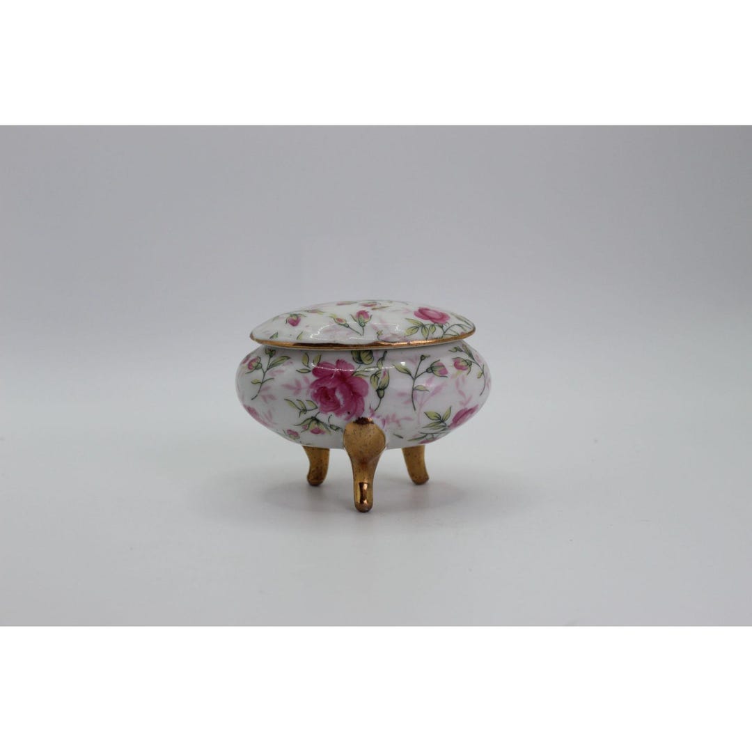 Antique Porcelain Trinket Box With Floral Design and Gold Feet, Early ...