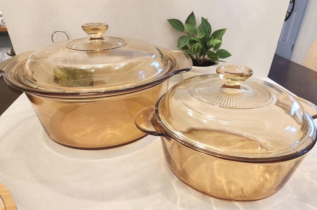 VINTAGE Pyrex Visions Amber Pot Set of 2 Made in France With Lids GLASS ...