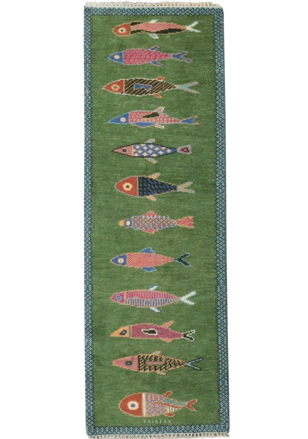 Koi Fish Runner Rug: Green Colorful Carpet Handmade Wool Area Rug - Etsy